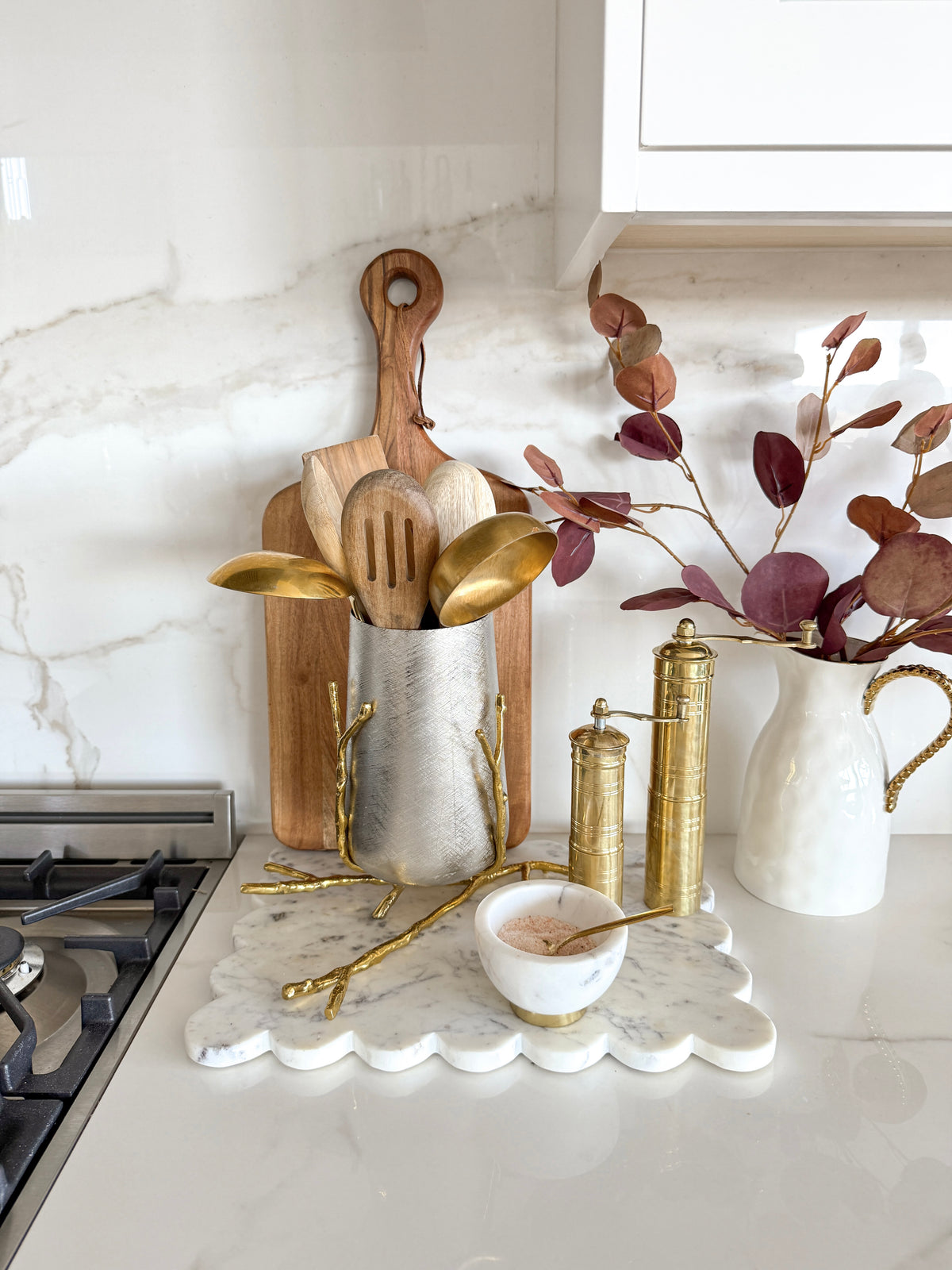 Silver with Gold Branch Base Kitchen Utensil Holder | HTS DECOR