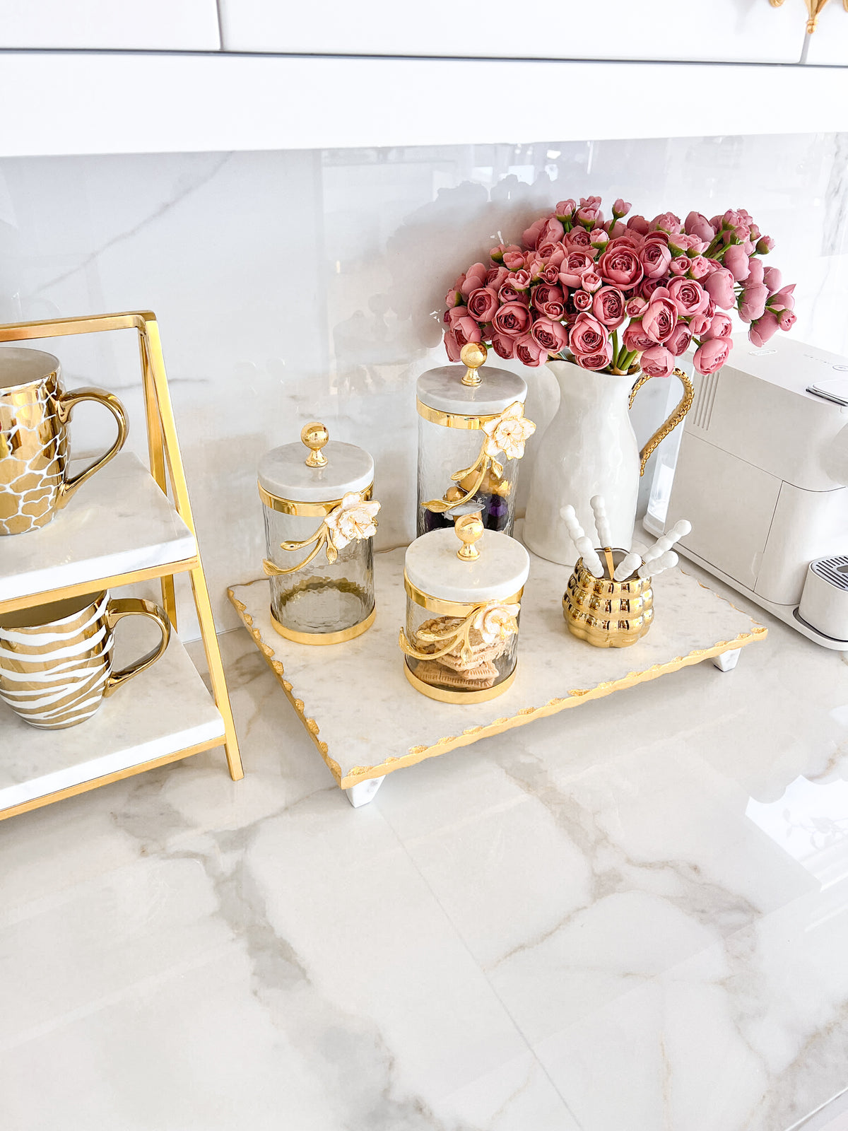 Gold Trim Large Footed Marble Trivet | HTS DECOR