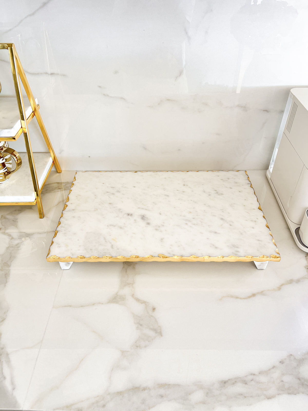 Gold Trim Large Footed Marble Trivet | HTS DECOR