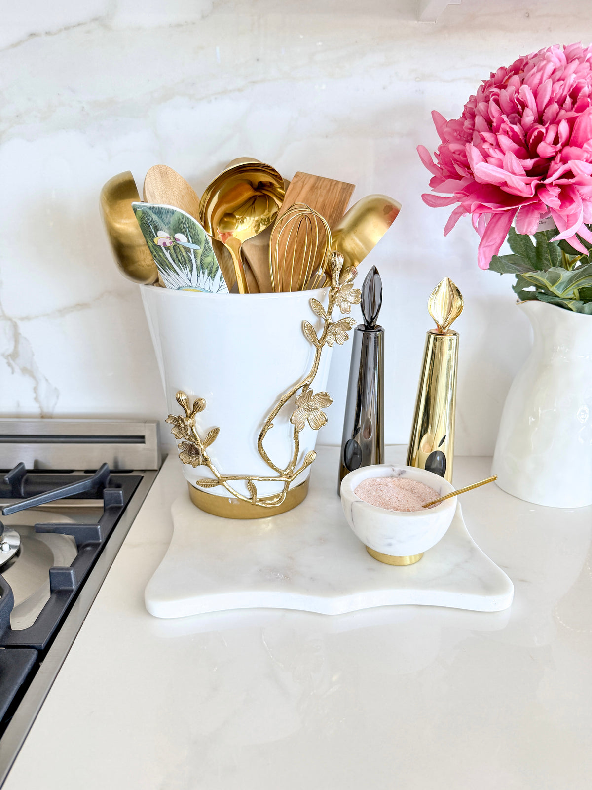White and Gold Branch Kitchen Utensil Holder | HTS DECOR
