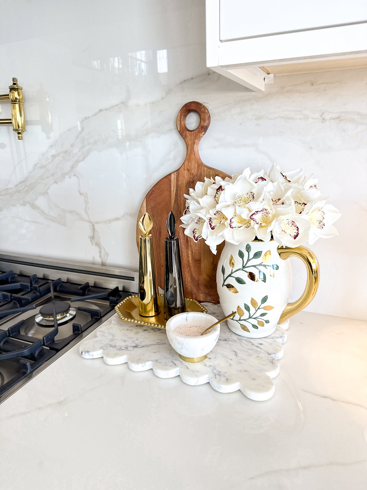 White and Gold Floral Print Pitcher | HTS DECOR