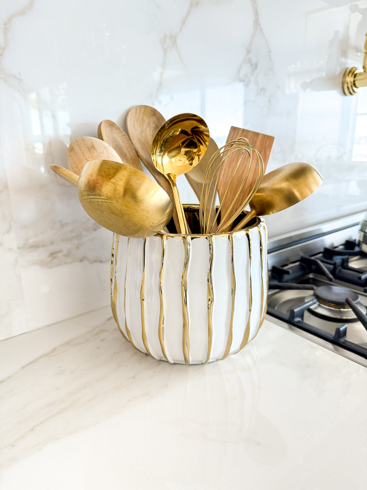 White and Gold Textured Utensil Cup Holder | HTS DECOR