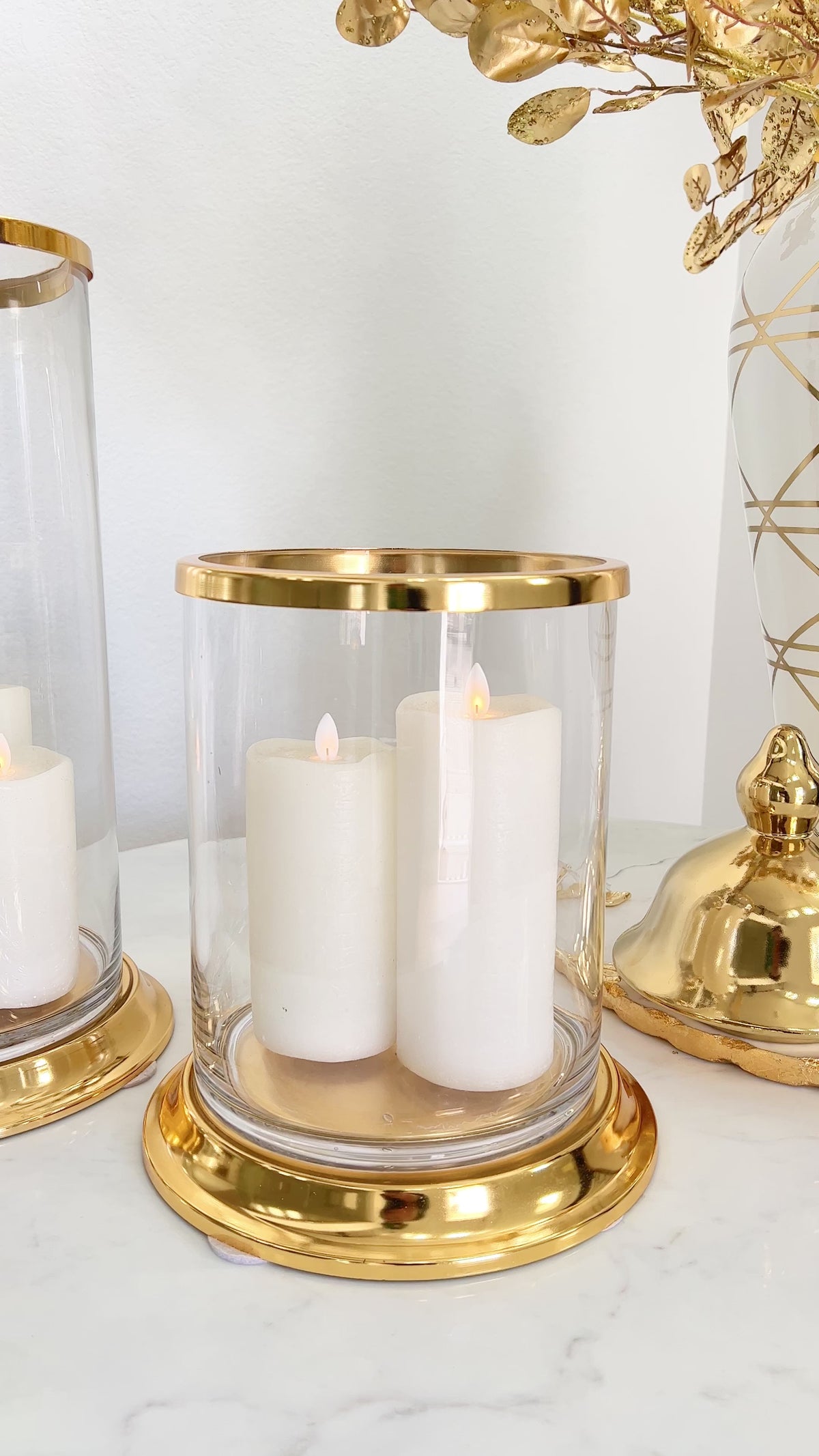 Gold Glass Hurricane (Two Sizes) | HTS DECOR