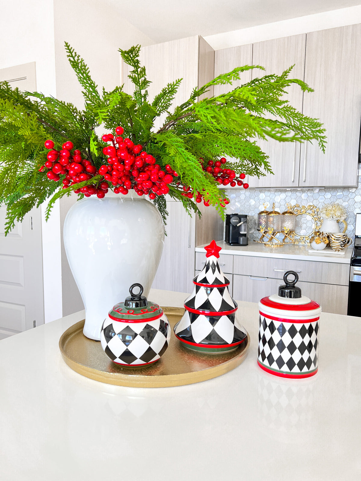 Black and White Christmas Checkered Canister | HTS DECOR