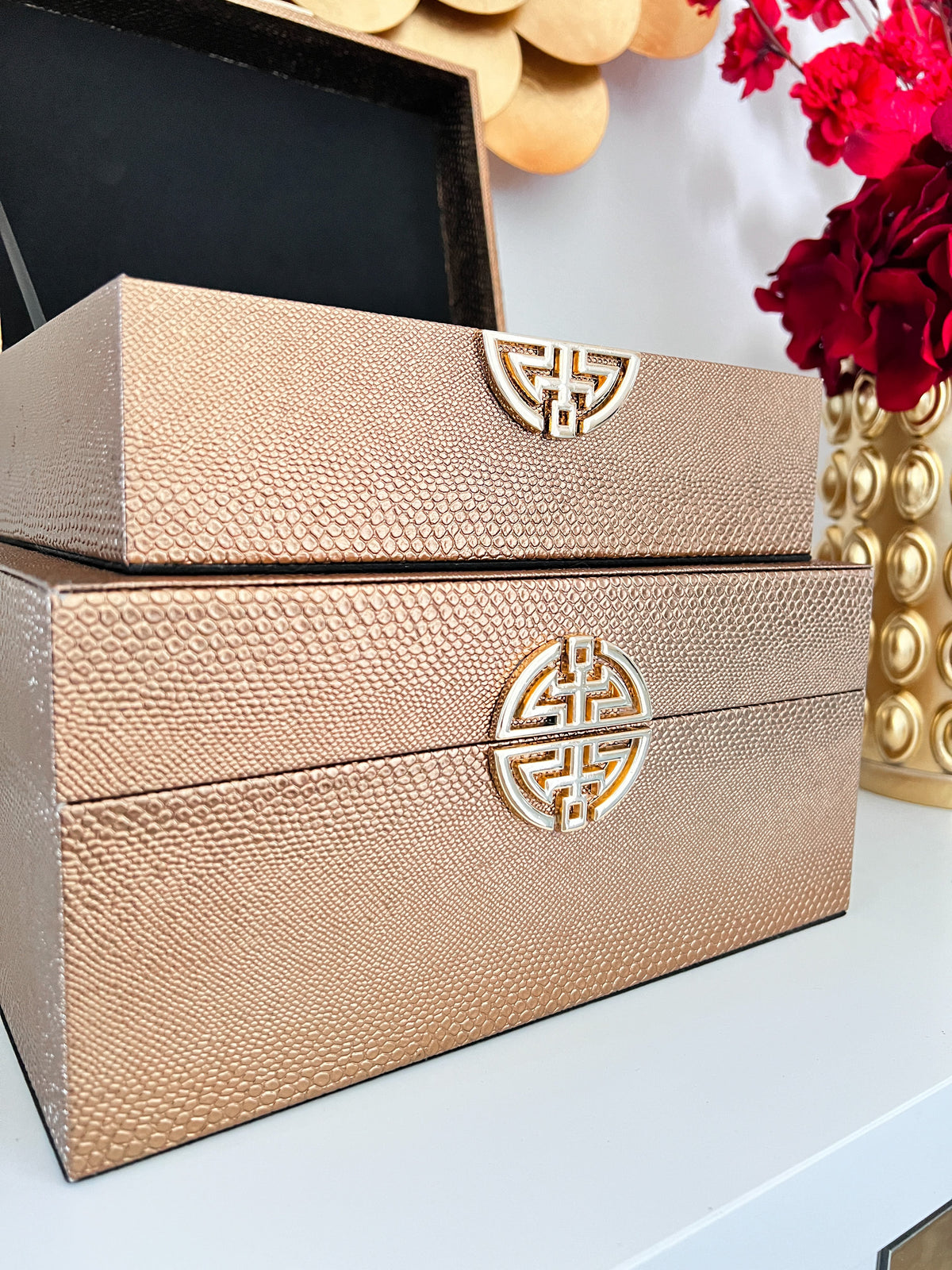 Bronze Leather Decorative Boxes (Set of 2) | HTS DECOR