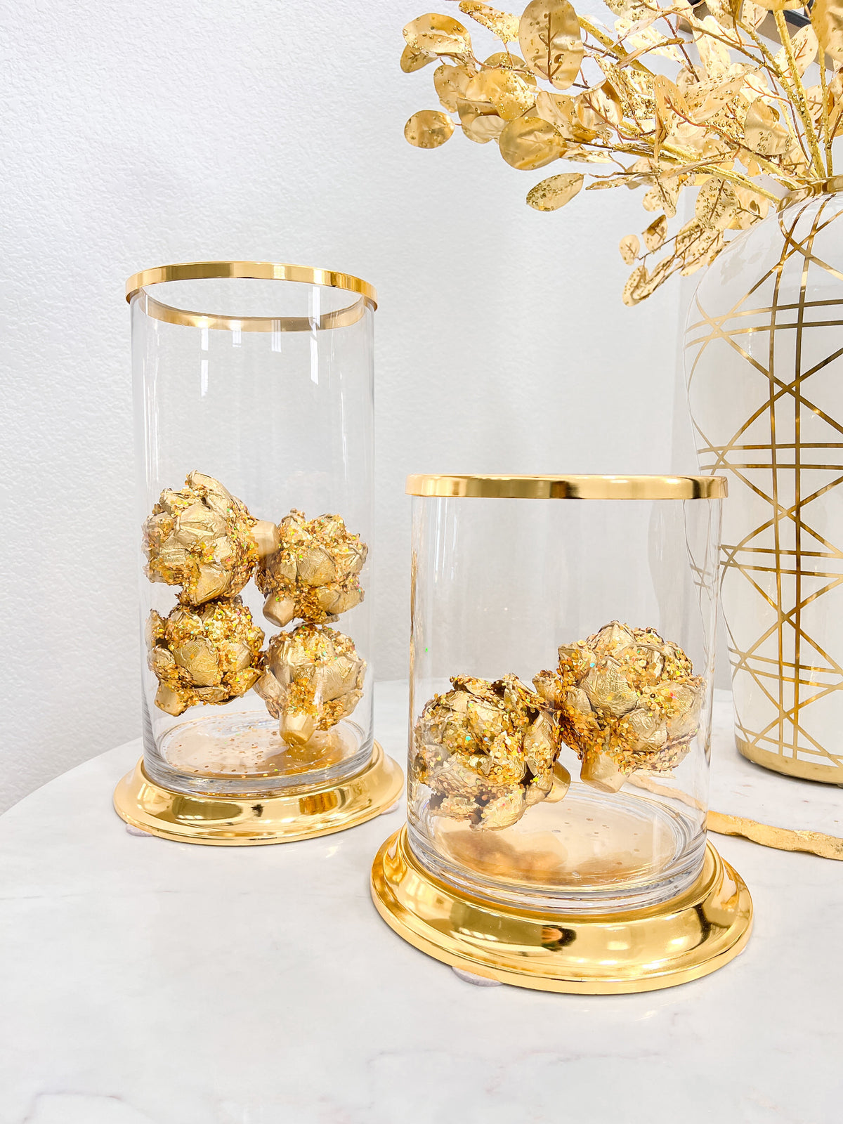Gold Glass Hurricane (Two Sizes) | HTS HOME DECOR