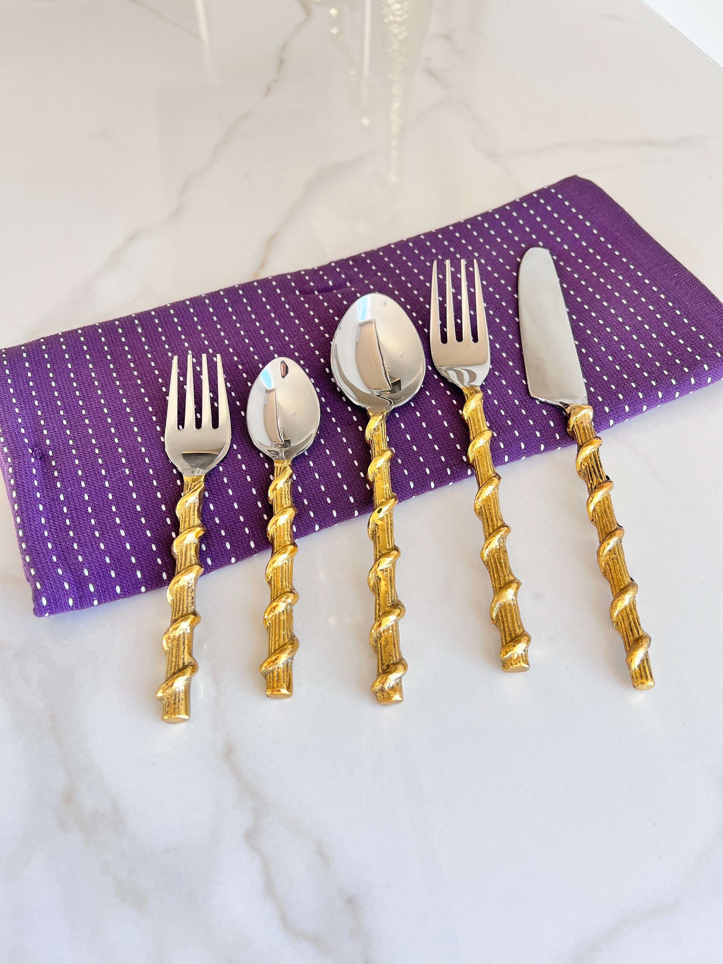 Gold Twisted Rope Cutlery Flatware Set 5-Pcs | HTS HOME DECOR