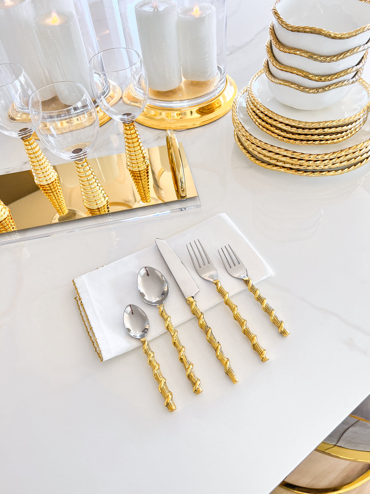 Gold Twisted Rope Cutlery Flatware Set 5-Pcs | HTS DECOR