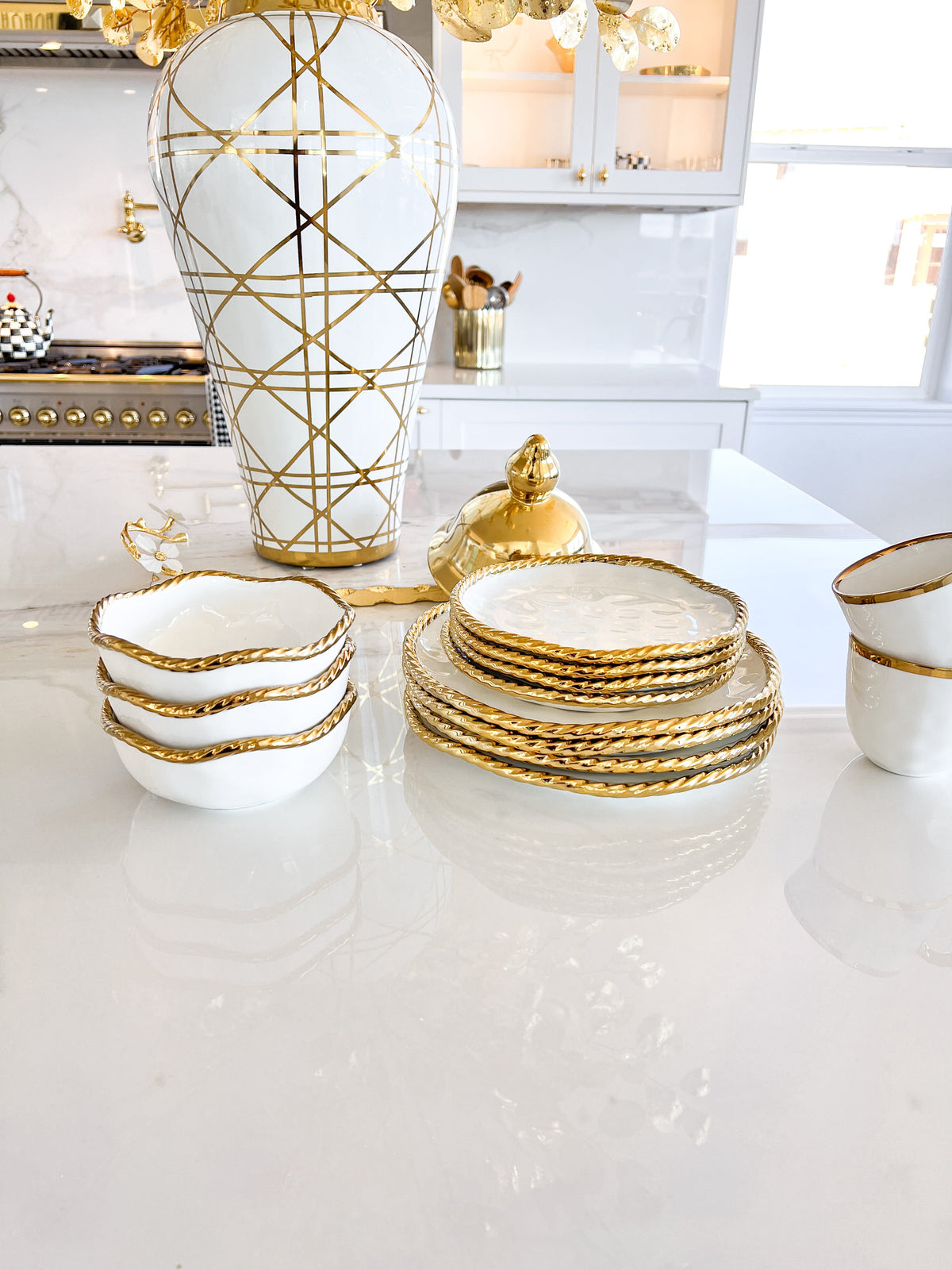 White and Gold Twisted Rope Soup Bowl (Set of 4) | HTS DECOR