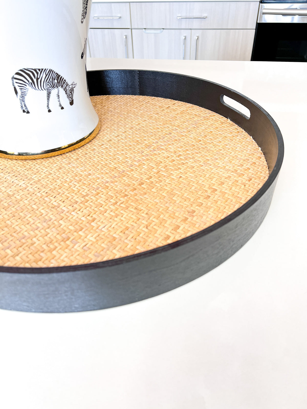 Large Round Black Rattan Tray | HTS DECOR