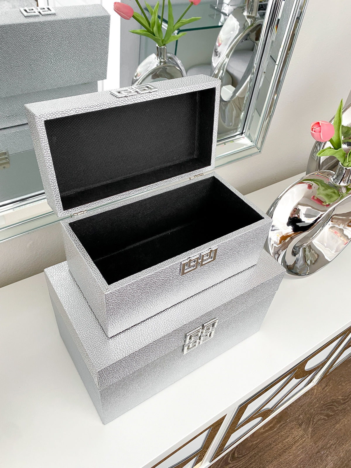 Silver Leather Decorative Boxes (Set of 2) | HTS DECOR